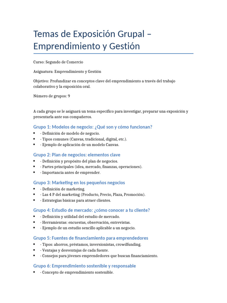 Temas Exposicion Emprendimiento 2do Comercio | PDF