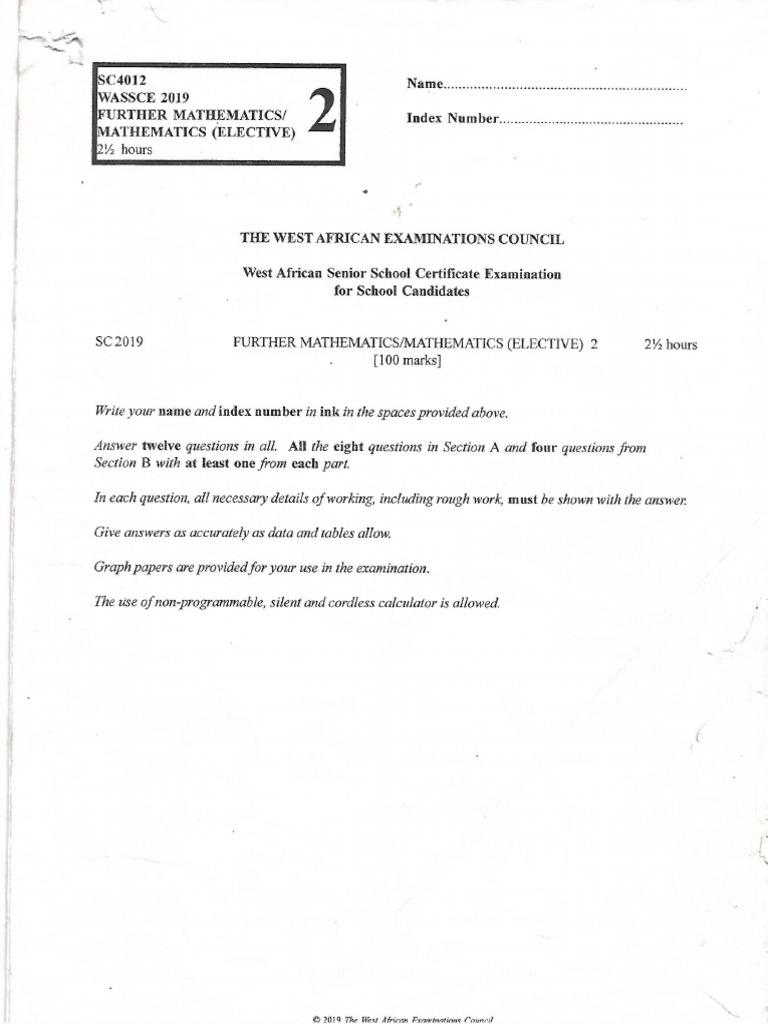 Wassce 2019 Further Mathematics Final | PDF