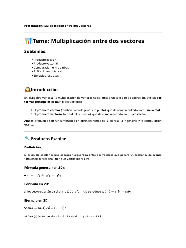 Multiplicación de Vectores: Escalar y Vectorial | PDF