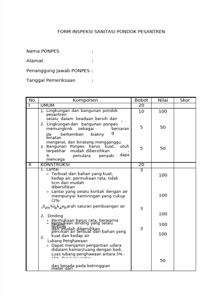 PDF Form Inspeksi Sanitasi Pondok Pesantren Compress | PDF