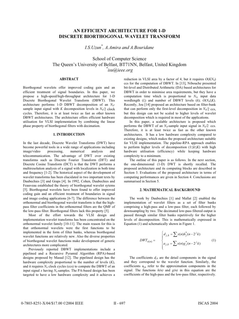 High-Speed 1-D Biorthogonal Wavelet Architecture | PDF | Wavelet ...