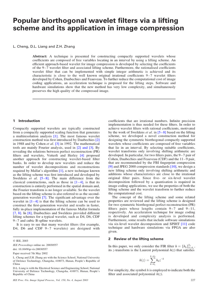 Popular Biorthogonal Wavelet Filters Via A Lifting | PDF | Wavelet | Algorithms