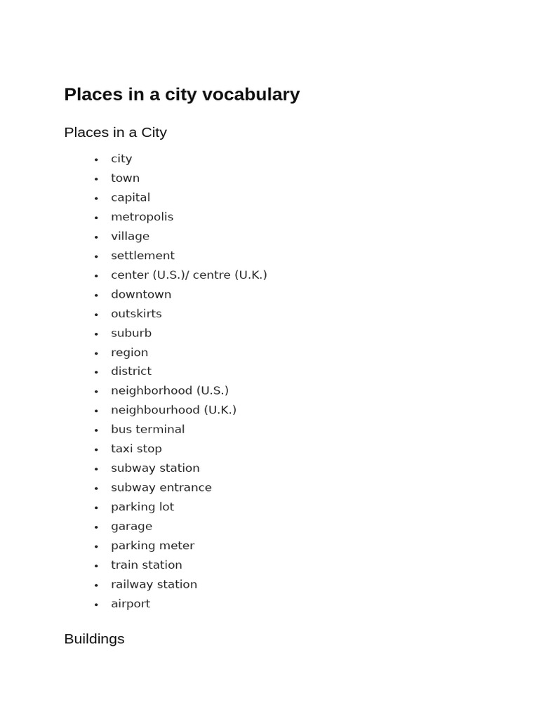 City Places Vocabulary List | PDF | Clinic