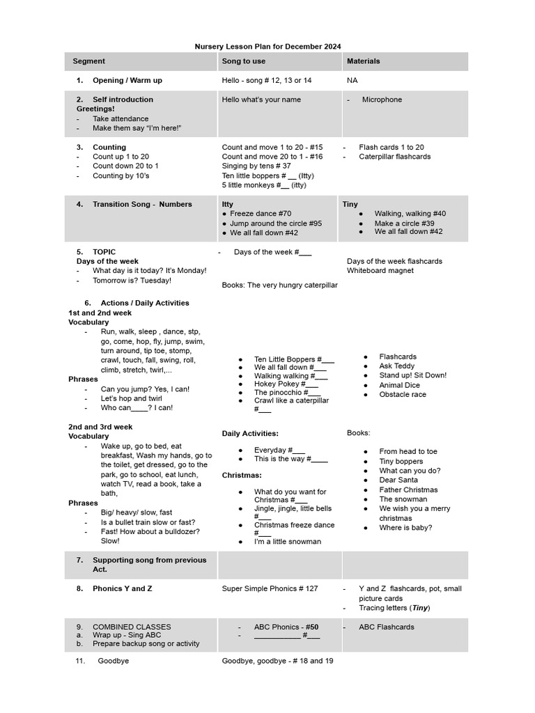 Nursery Lesson Plan For December 2024 | PDF