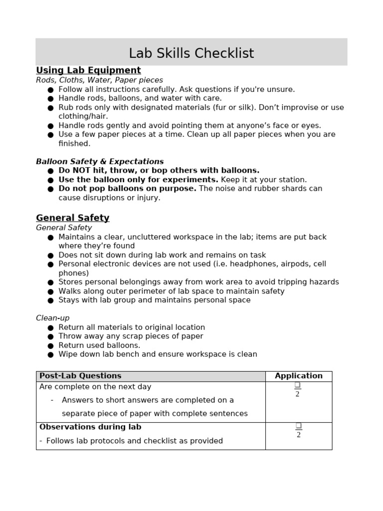 Lab Skills Safety and Checklist Guide | PDF