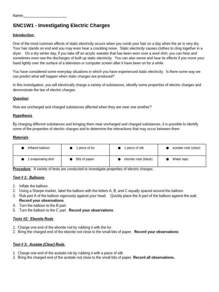SNC1W1 - Investigating Electric Charges | PDF | Electric Charge ...