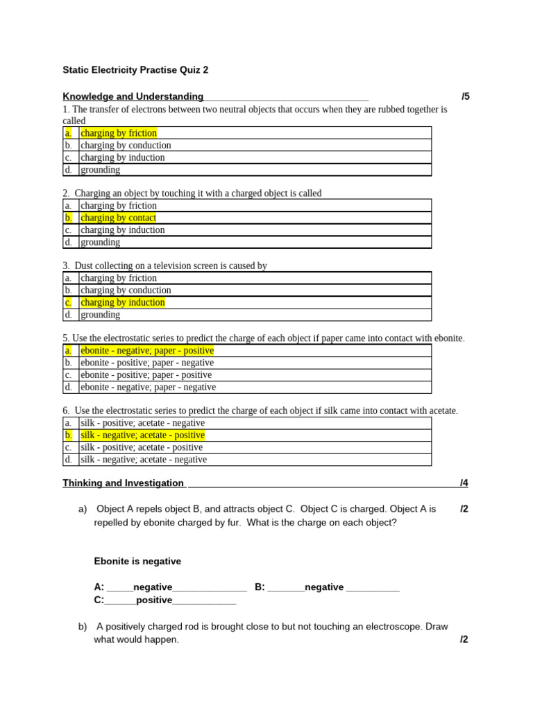 Static Electricity Quiz and Answers | PDF | Materials | Electrostatics