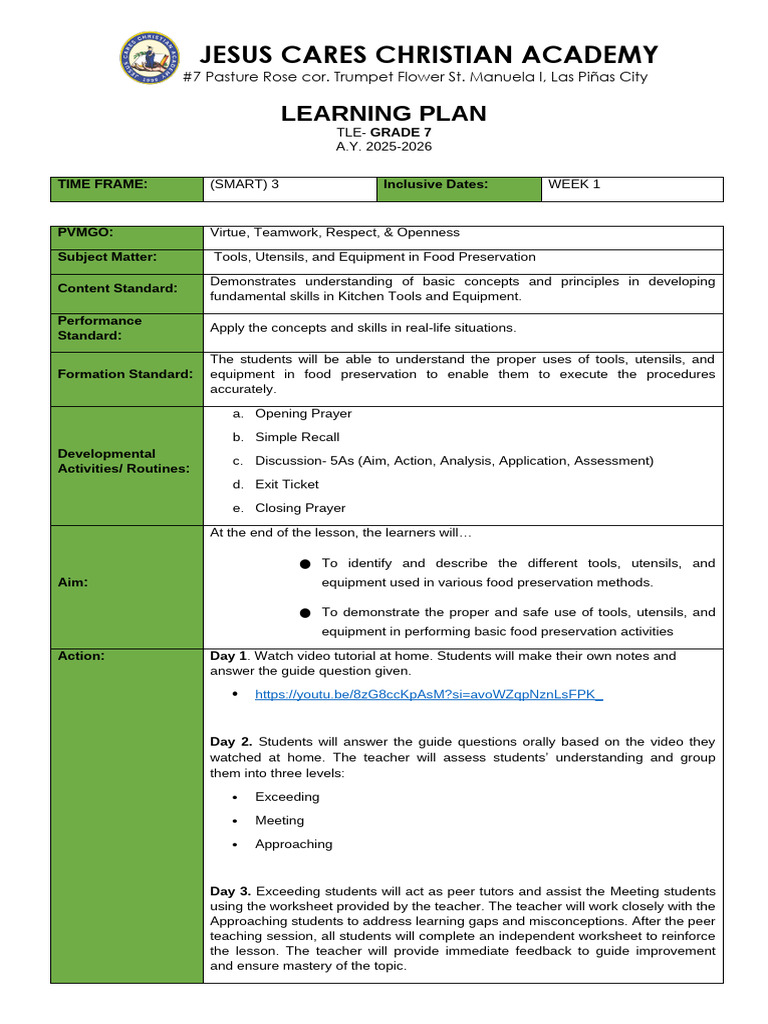 q1. Learning Plan Week 1 Tle 7 | PDF | Teachers | Learning