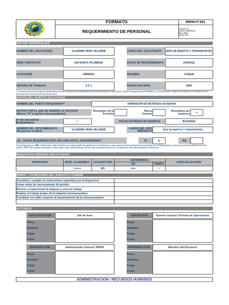 01 RH-F-001 - Requerimiento de Personal | PDF | Gestión de recursos ...