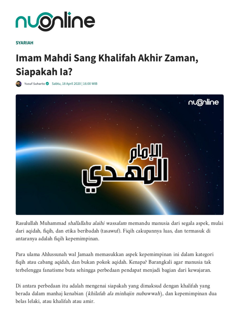 Imam Mahdi Sang Khalifah Akhir Zaman, Siapakah Ia - NU Online | PDF