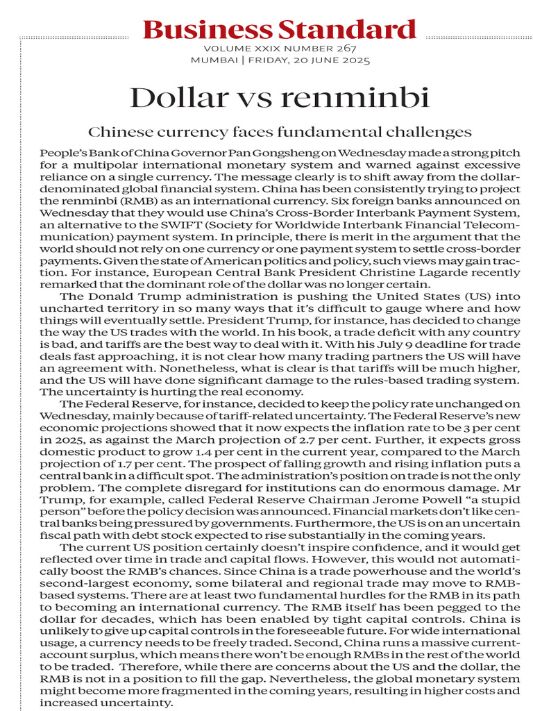 Editorial On Dollar Vs Renminbi | PDF | Renminbi | Inflation