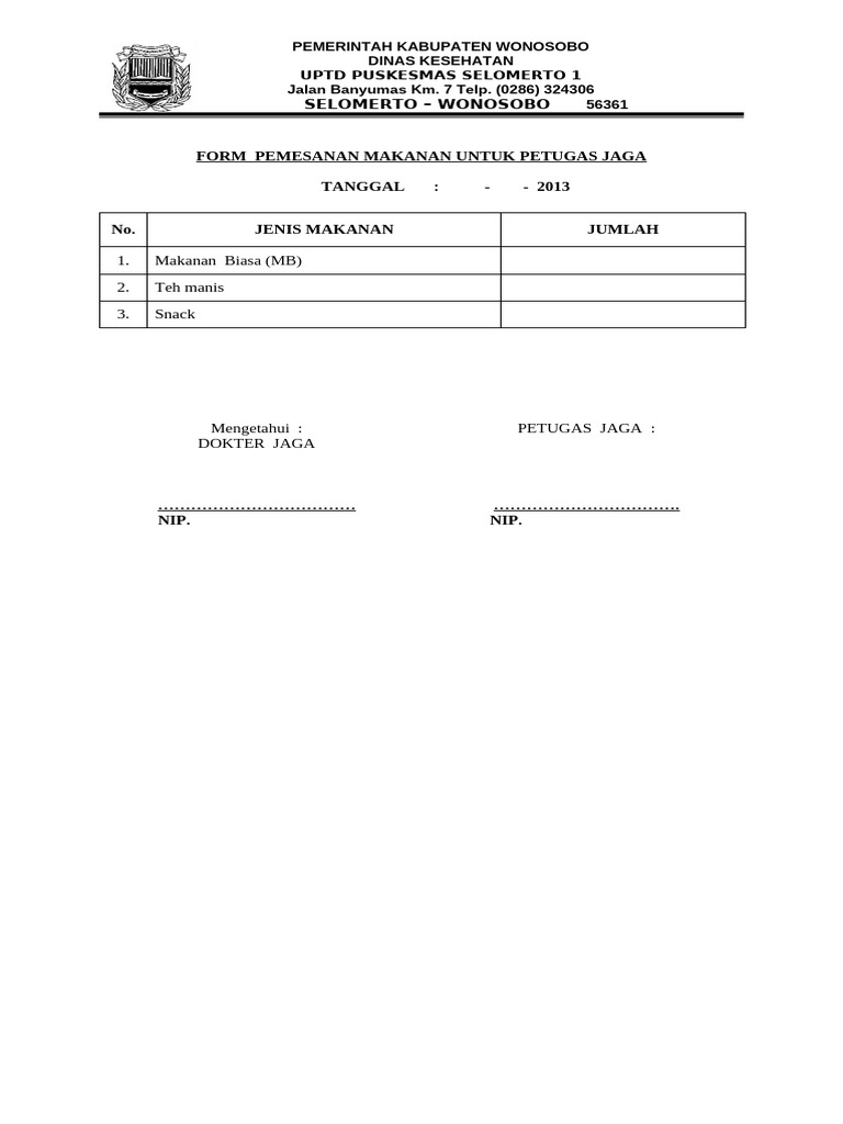 7.9.1.a Form Pemesanan Makanan Untuk Petugas Jaga | PDF
