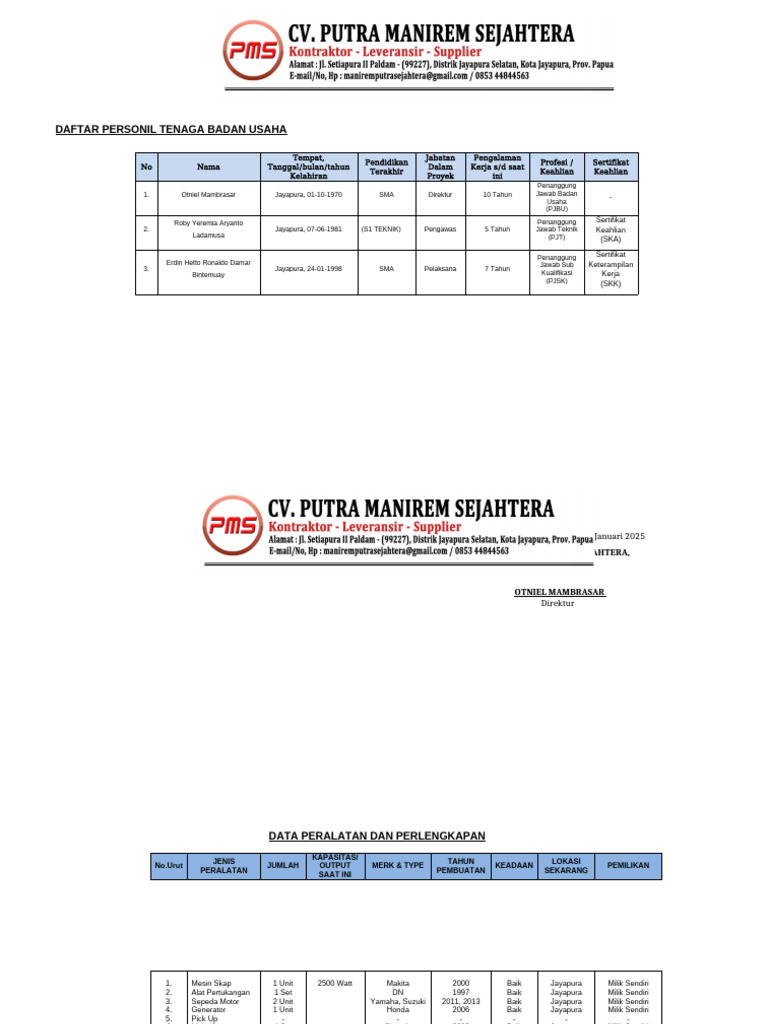 Daftar Personil Inti, Data Pengalaman, Data Peralatan 2025 | PDF