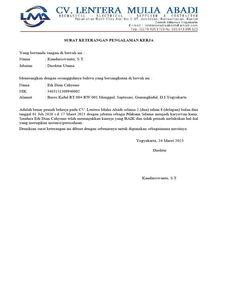 Surat Pengalaman Kerja | PDF