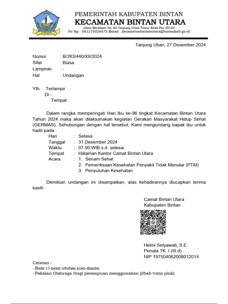 Undangan GERMAS Hari Ibu Bintan Utara | PDF