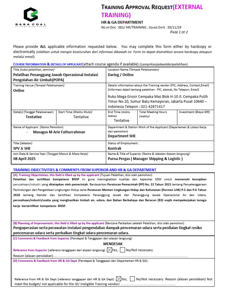 Form Training External Popa | PDF