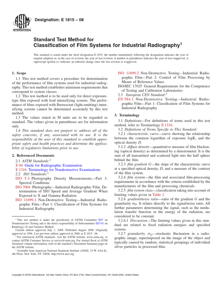 ASTM E1815 - 2008 - STD Test Methods-Film System CLSFCTN For Indstrl RT ...