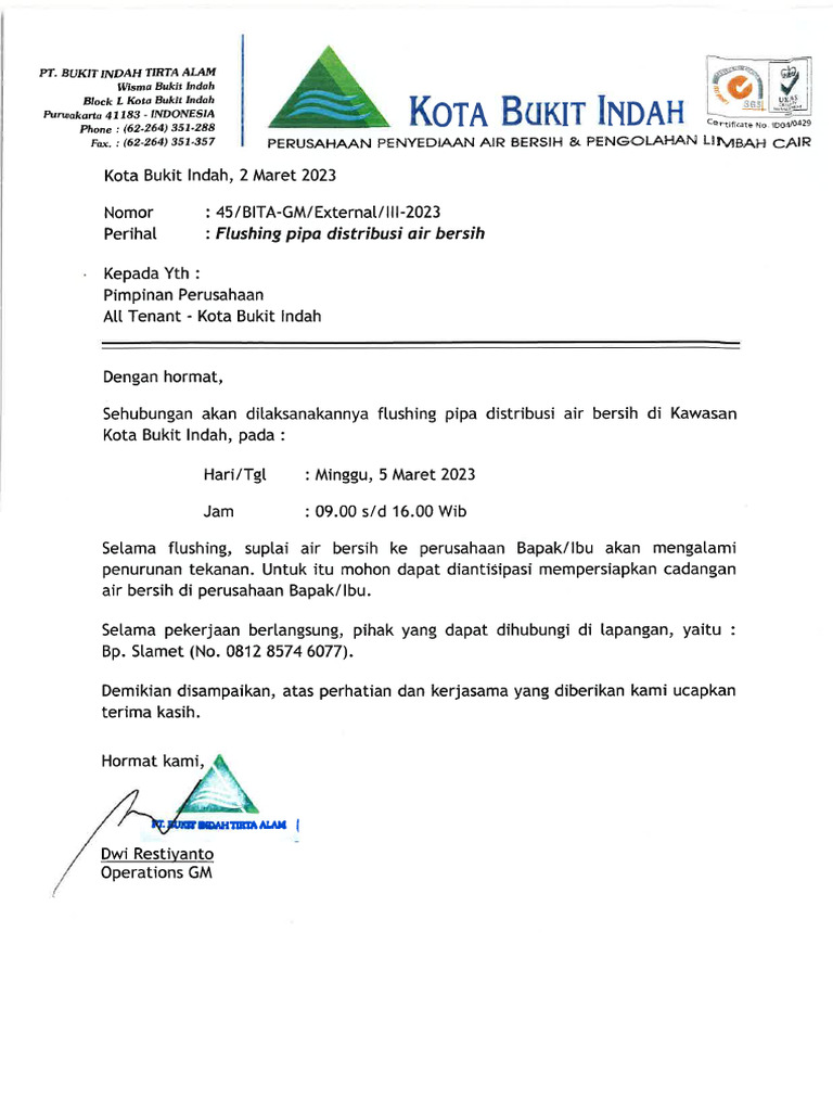 Flushing Pipa Distribusi Air Bersih-5 Maret 2023 | PDF
