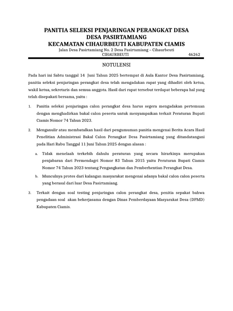 Notulensi Panitia Seleksi Penjaringan Perangkat Desa | PDF