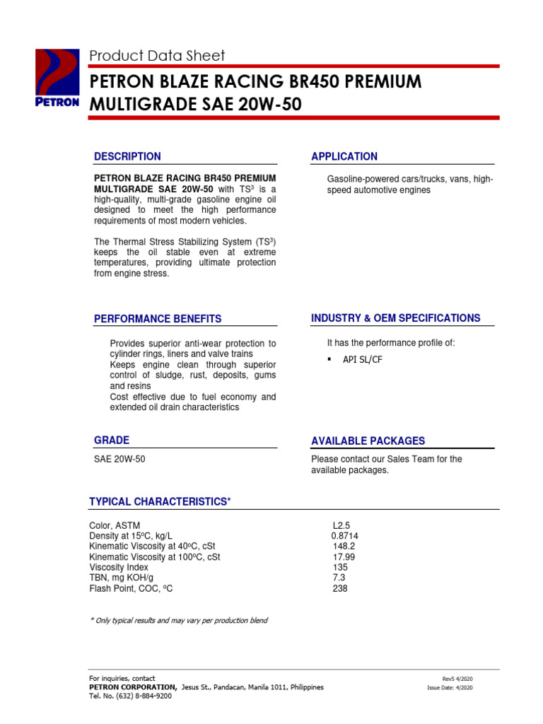 PDS Petron Blaze Racing BR450 Premium Multigrade SAE 20W 50 1 | PDF