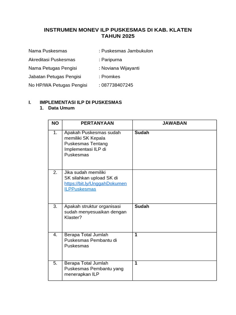Instrumen Monev ILP Puskesmas Di Klaten | PDF