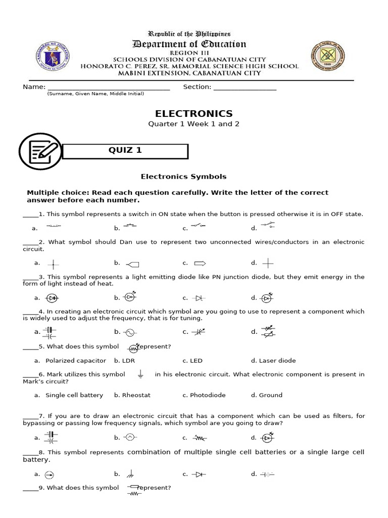 Electronics Symbols Quiz and Exercises | PDF | Electrical Network | Diode