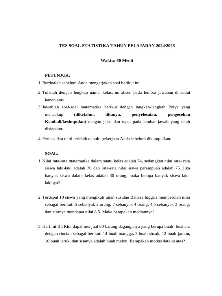 Soal Statistika Kelas 2024/2025 | PDF