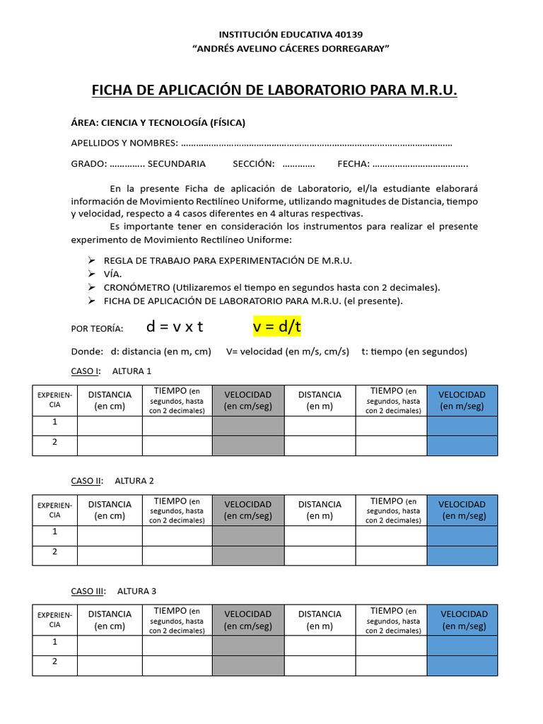 Ficha de Aplicación de Laboratorio para Mru 2do Bimestre 2 Hojas-1 | PDF | Física | Science