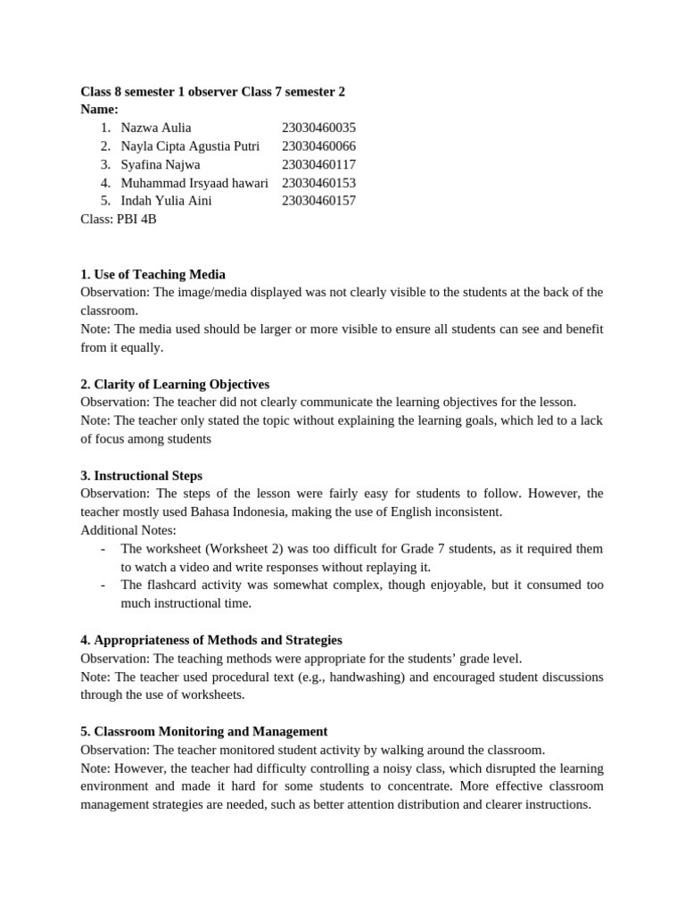 Class 8 Semester 1 Observer Class 7 Semester 2-1 | PDF | Teachers | Learning