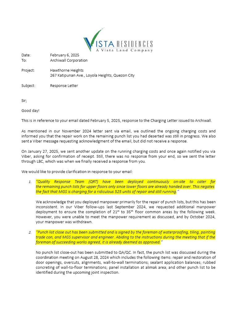 Charging Letter Archiwall Response 1 | PDF