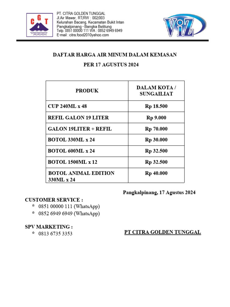 Daftar Harga Air Minum PT Citra Golden | PDF