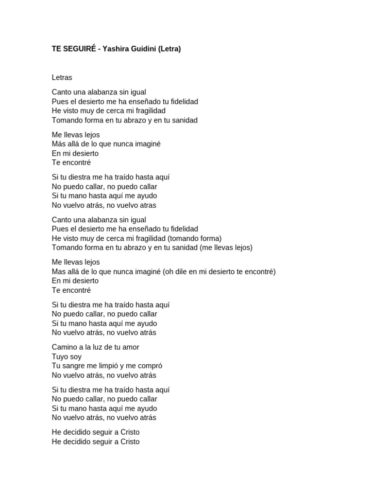 Letra de "Te Seguiré" - Yashira Guidini | PDF