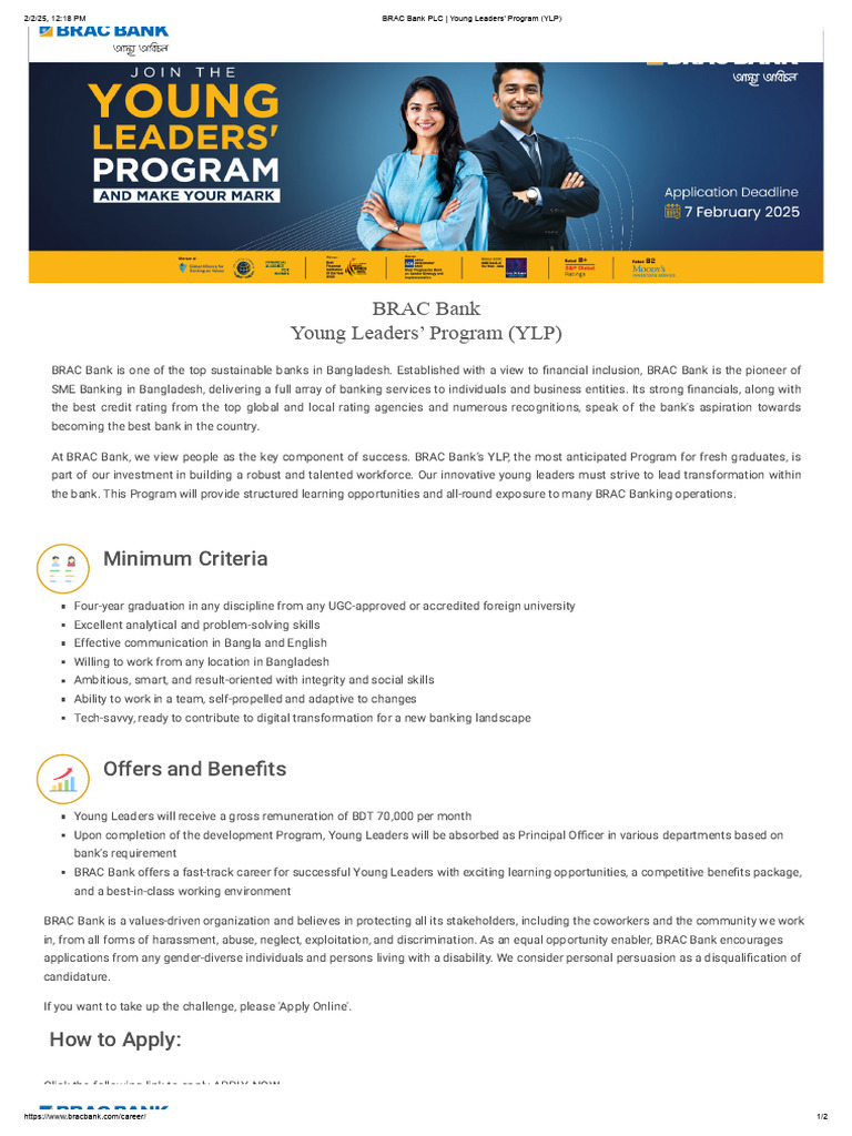 Circular - BRAC Bank PLC - Young Leaders' Program (YLP) | PDF