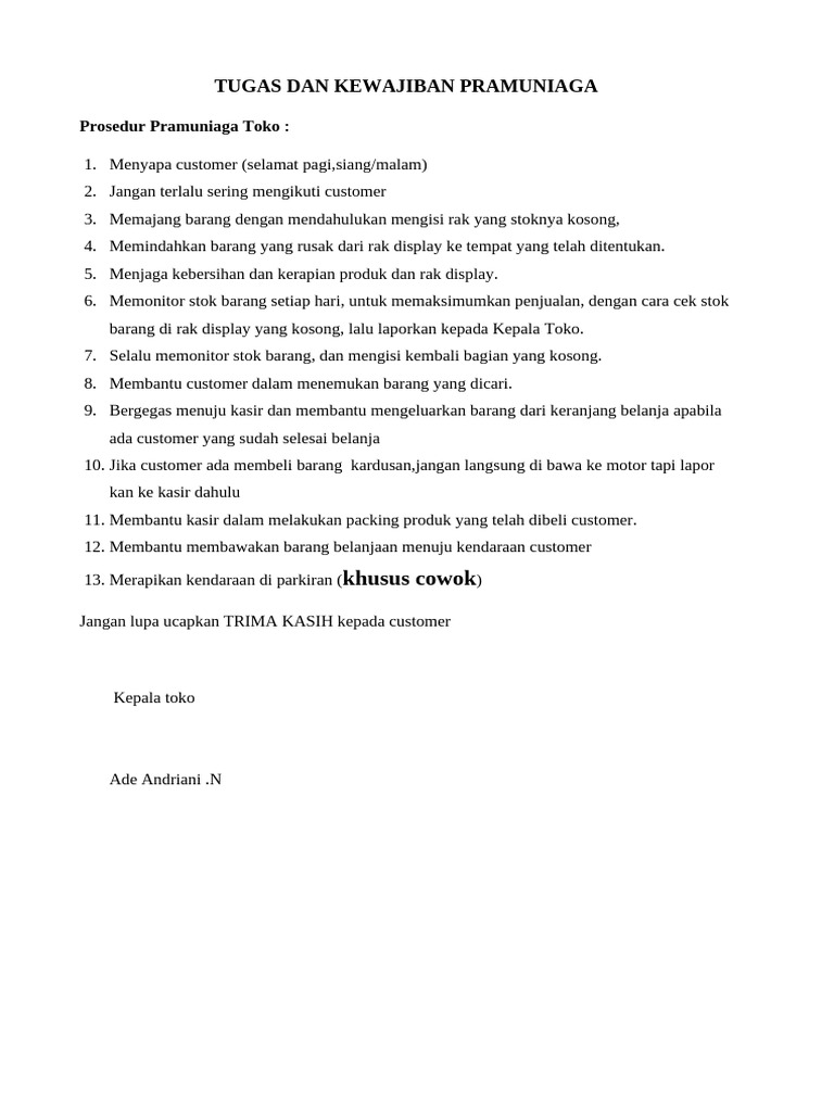 Prosedur Tugas Pramuniaga Toko | PDF