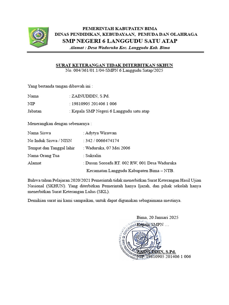 Surat Keterangan Tidak Menerbitkan SKHUN ADI | PDF