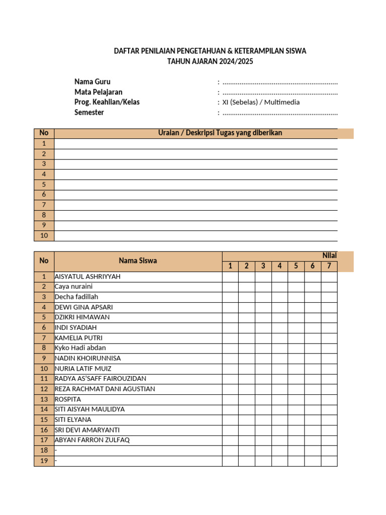 Format Daftar Nilai Guru Mapel | PDF