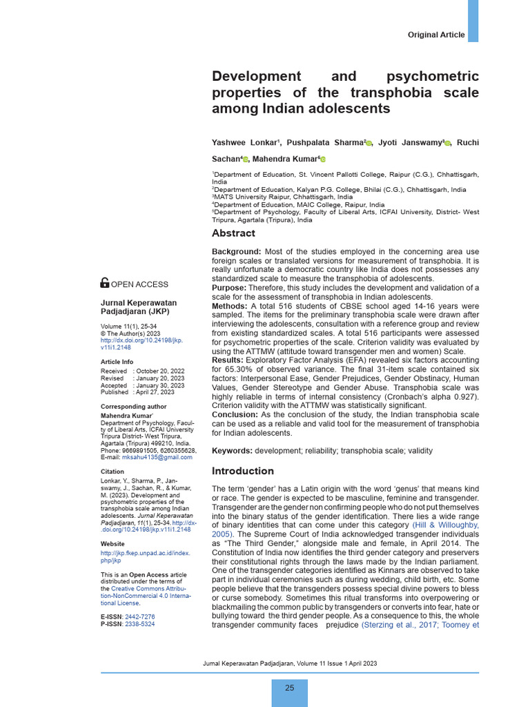 Development and Psychometric Properties of The Transphobia Scale Among ...