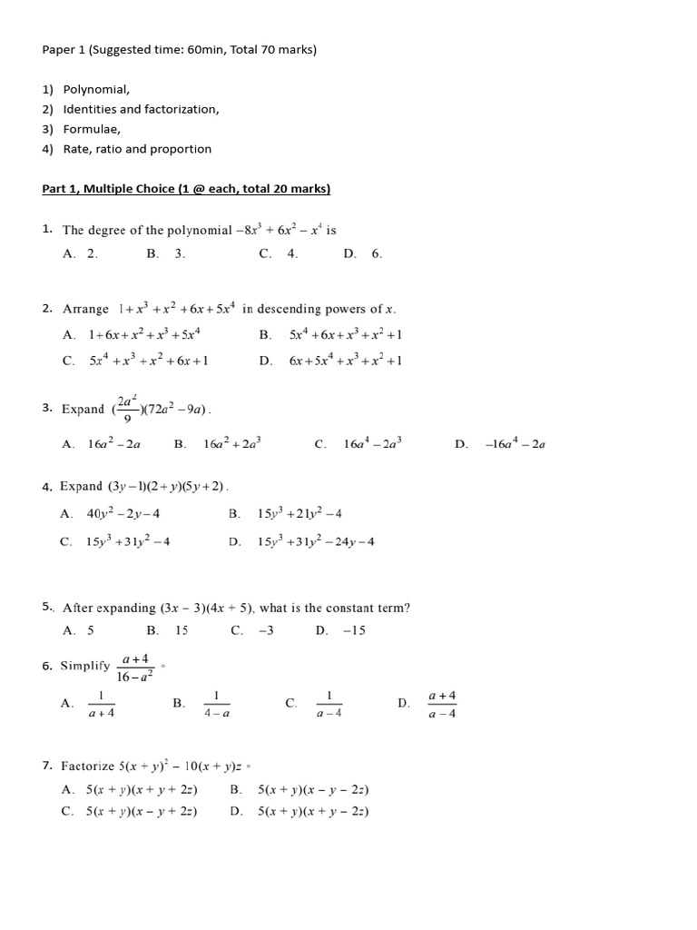 S2 Maths Mid-Term (Polynomial, Identites, Formulae, Rate Ratio and ...