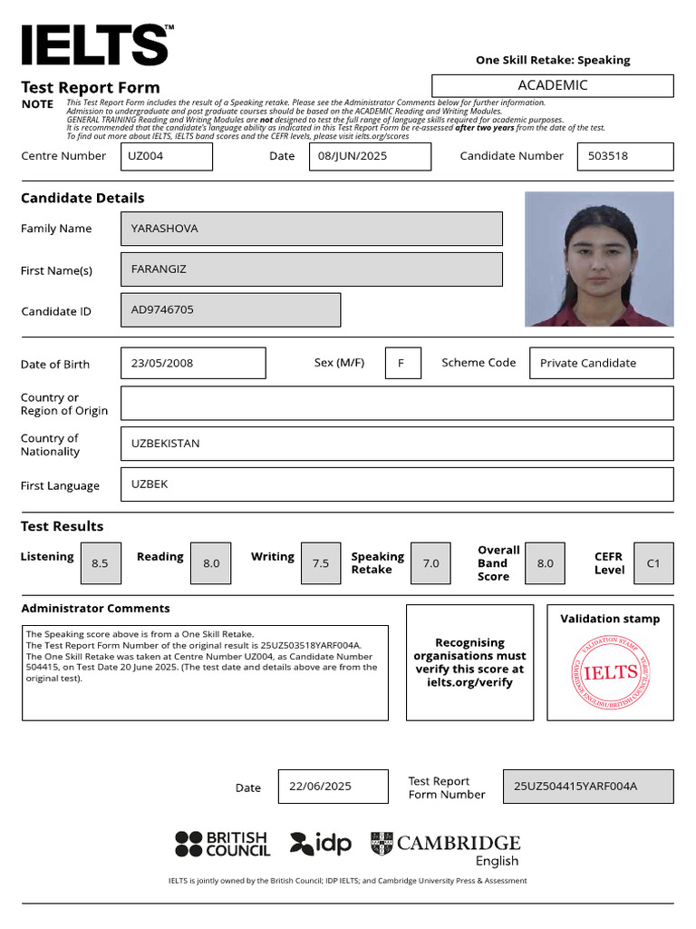 IELTS Test Report Summary | PDF