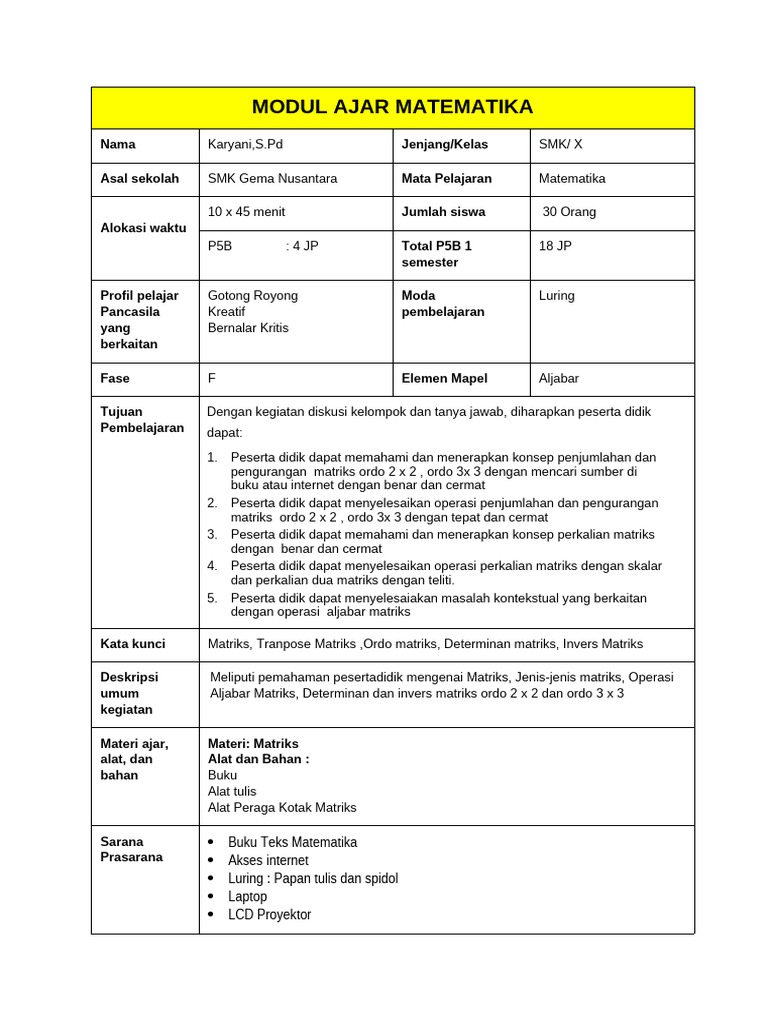 Modul Ajar Aljabar Matriks SMK | PDF
