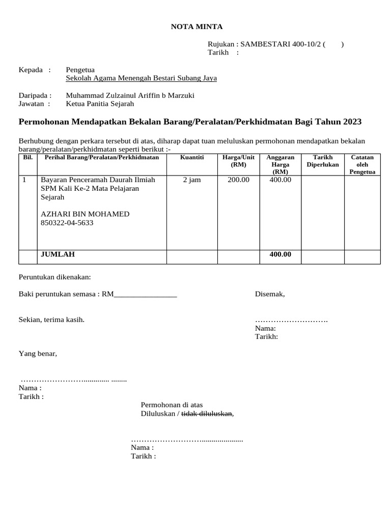 Nota Minta Daurah 2 Sej | PDF