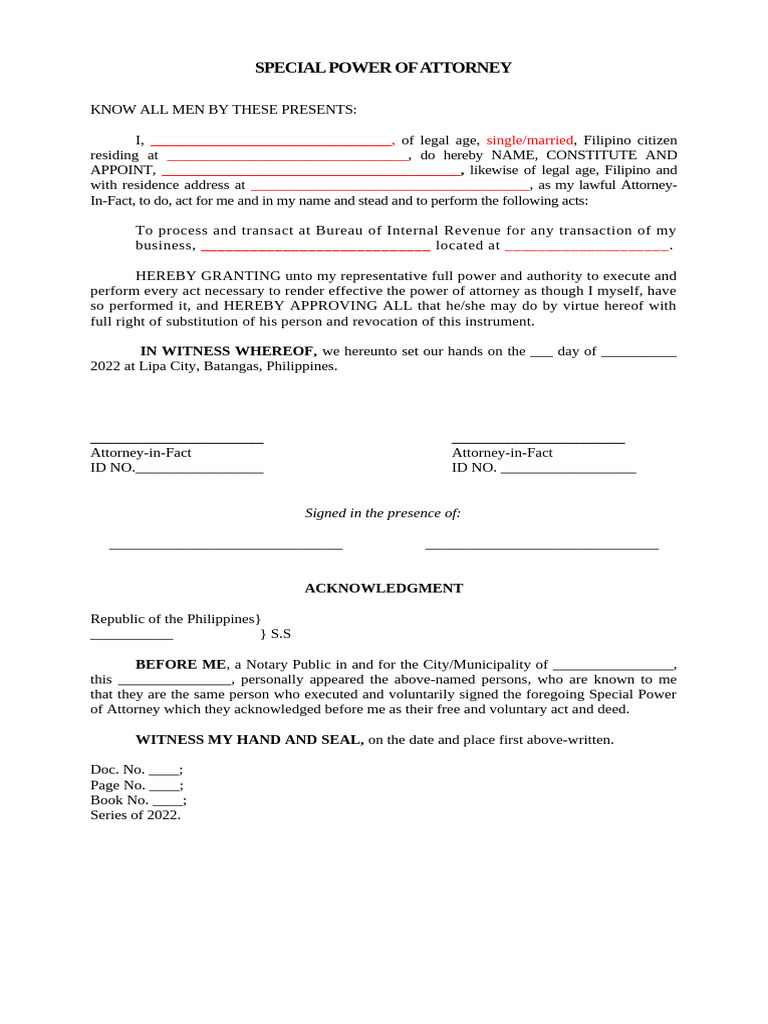 Special Power of Attorney for BIR Transactions | PDF