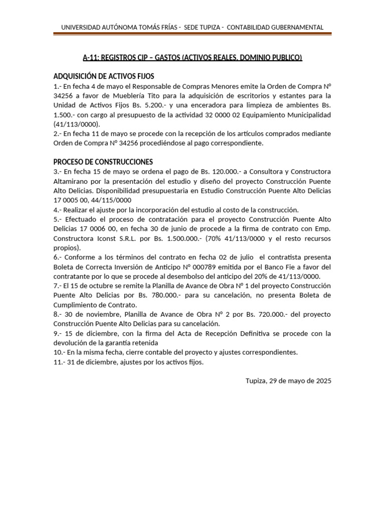 A-11 PRACTICA REG CIP GASTOS ACTIVOS REALES | PDF