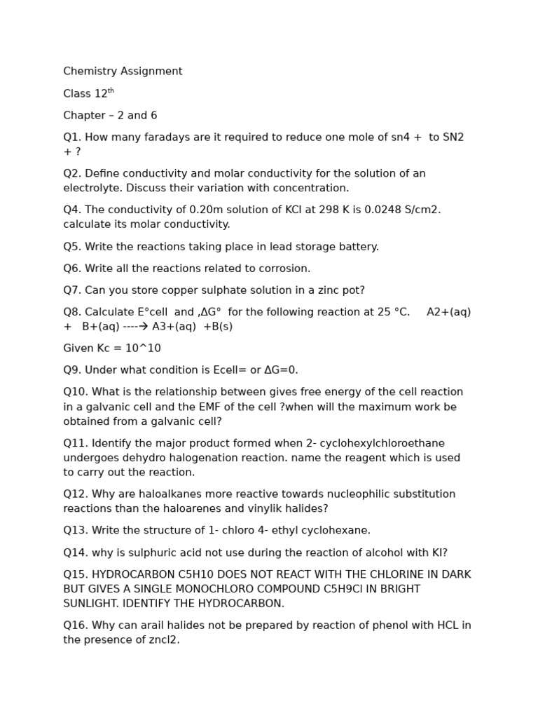 Chemistry HHW Assignment, Class 12, Ch-2,6 | PDF