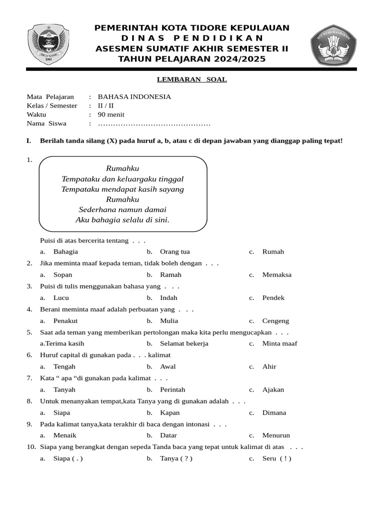Soal Bahasa Indonesia Kelas 2 Semester 2 Tahun 2025 - Kurmer | PDF