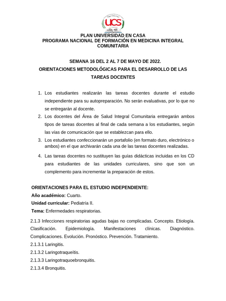 Pediatría II Semana 4 P1. Semana 16 Del Curso | PDF | Tos | Bronquitis
