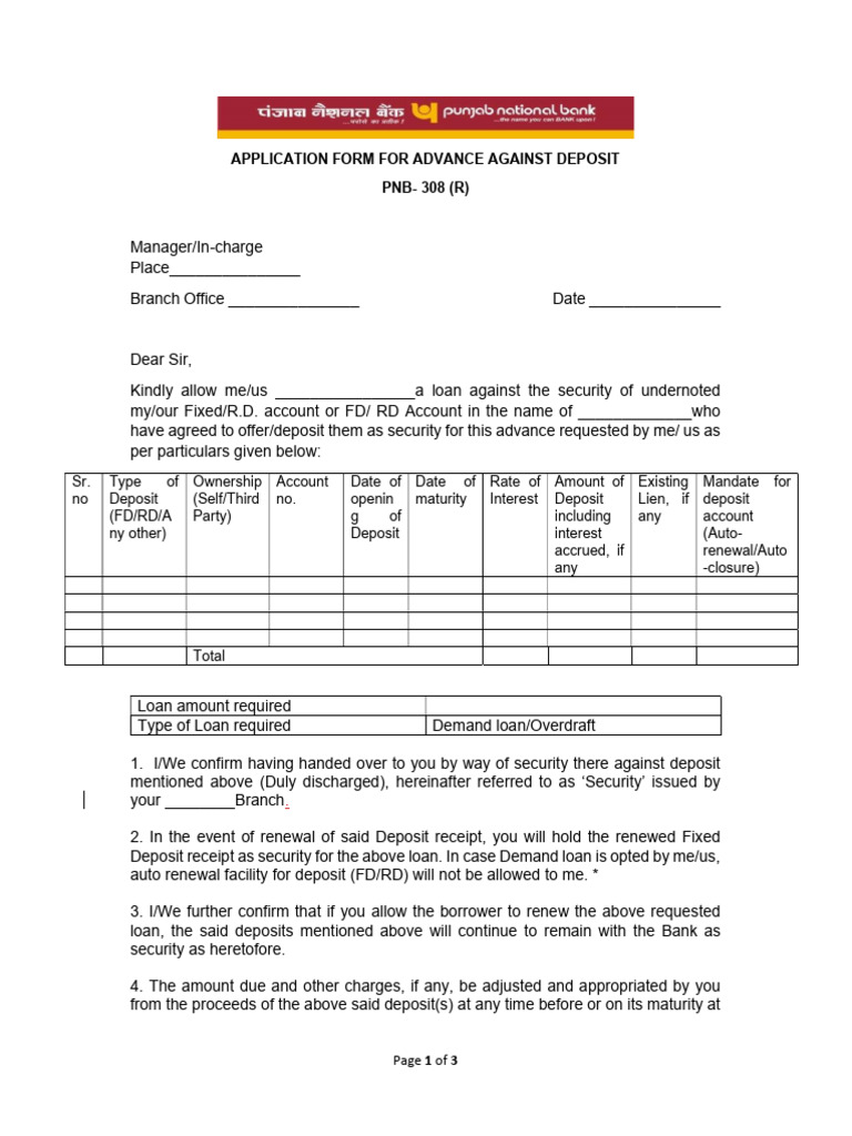 Application Form Advance Against Deposit PNB 308 (R) | PDF | Banks | Loans