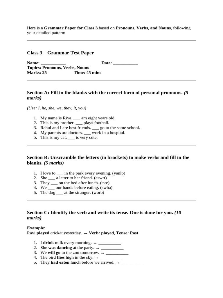 Grammar Paper For Class 3 Based On Pronouns, Verbs, and Nouns | PDF