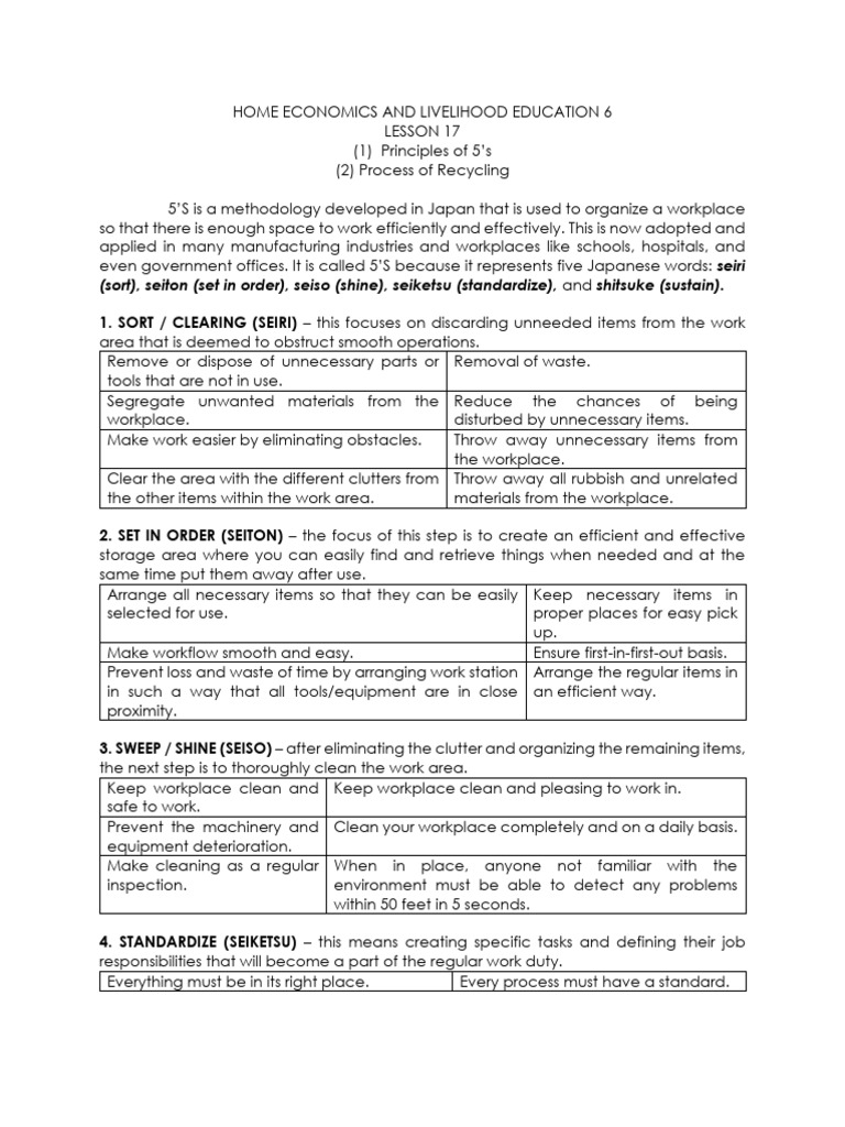 HELE Lesson 17 5S Principle | PDF | Recycling | Reuse