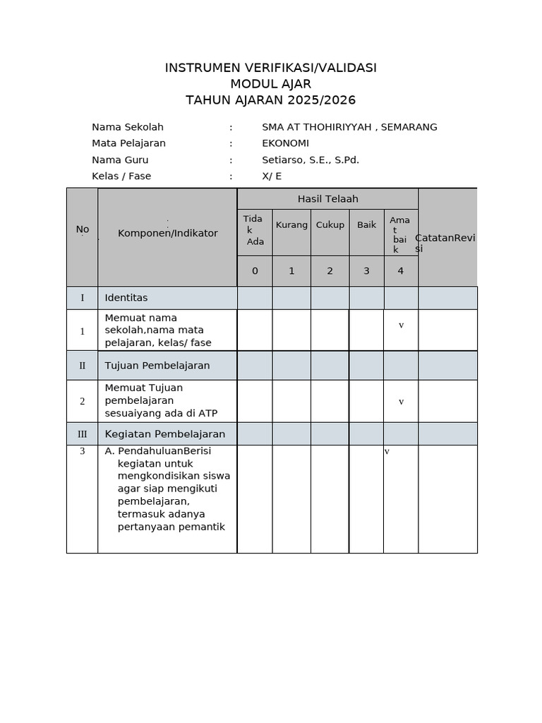 Instrumen Verifikasi Modul Ajar Ekonomi X 25 | PDF